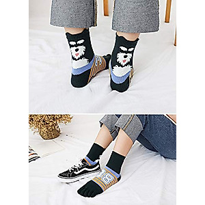 Hellomamma Women's Toe Sock Cute Cat Dog Ankle Sock Cotton Athletic Running Five Finger Socks for Girls (5 Pairs)
