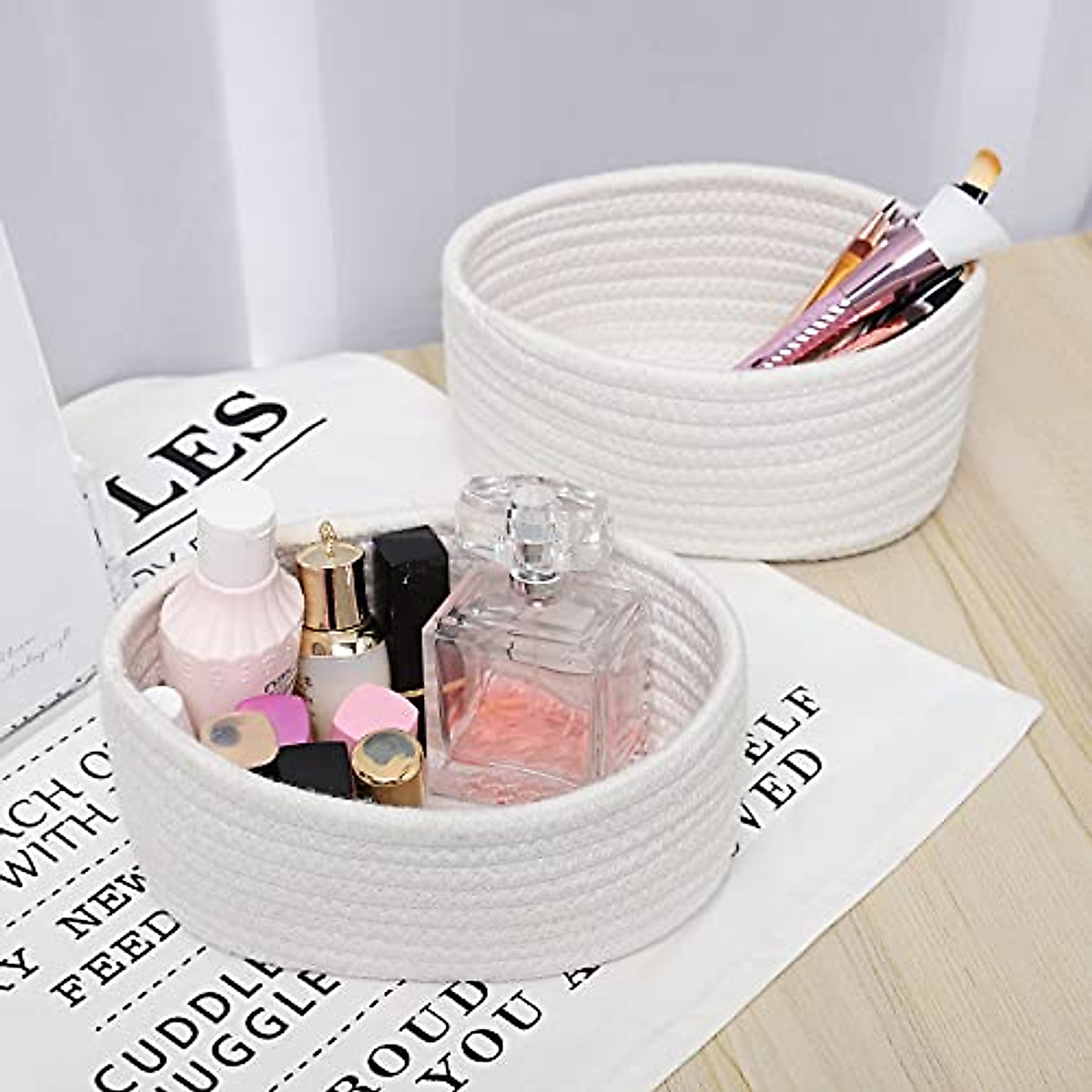 ABenkle Small Storage Basket Set of 2, Natural Cotton Rope Woven Baskets for Organizing, Tiny Oval Storage Baskets, Small Basket for Montessori, Baby Nursery Dog Toy Baskets, Bathroom Organization Bin