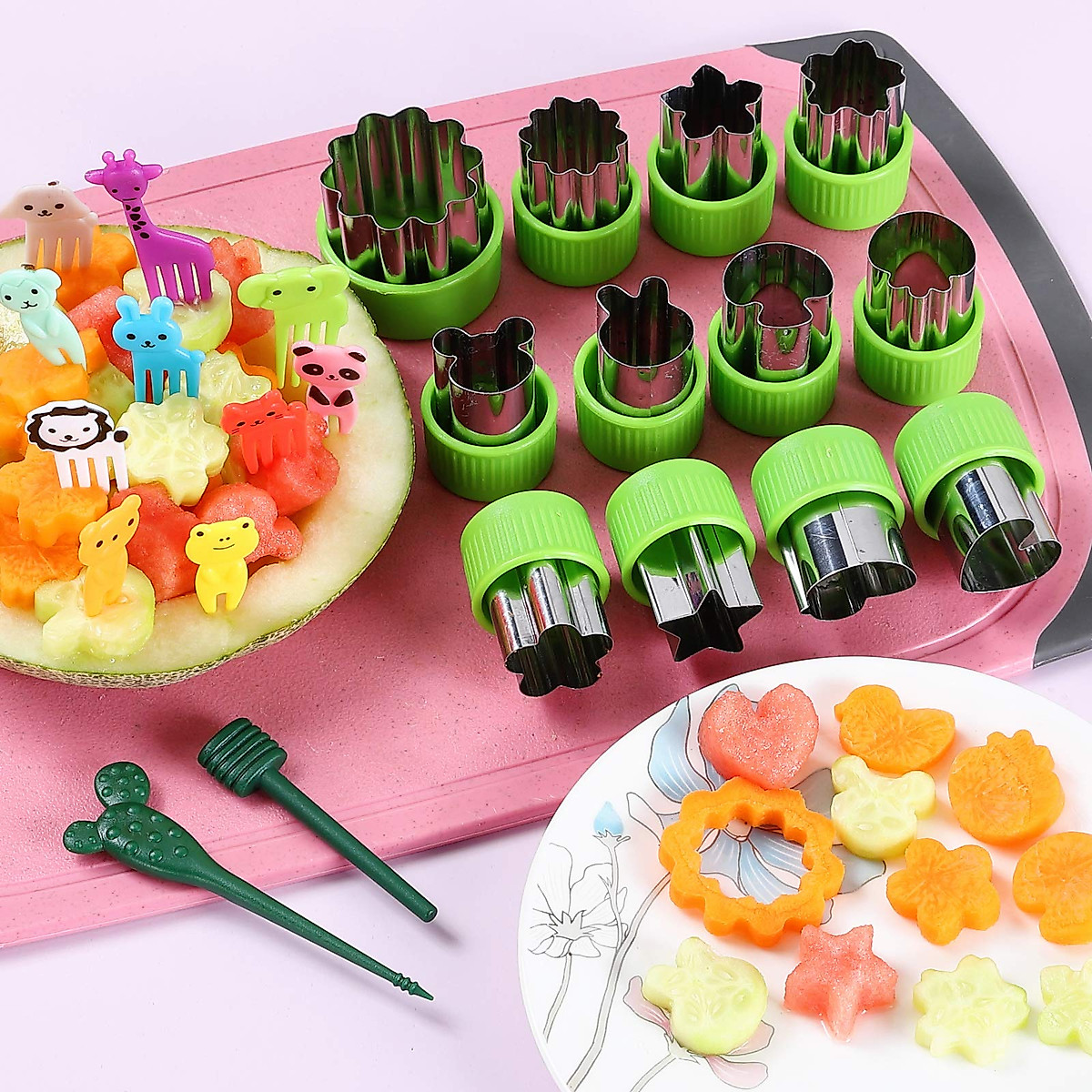 Vegetable Cutters Shapes Set, 12pcs Stainless Steel Mini Cookie Cutters, Vegetable Cutter and Fruit Stamps Mold + 20pcs Cute Cartoon Animals Food Picks and Forks -for Kids Baking and Food Supplement