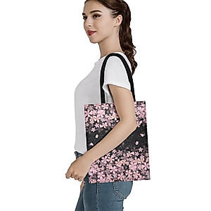 HUGS IDEA Cherry Blossoms Linen Tote Bag with Handles for Women Girls Reusable Grocery Handbags Shopping Beach College Bookbags