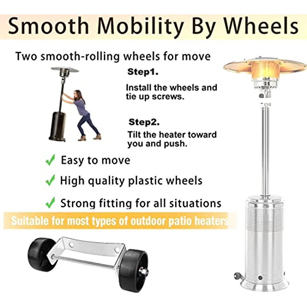 Universal Patio Heater Wheel Kit-Stainless Steel Silver Bracket + Black Wheels,Patio Tall Propane Gas Patio Heater Wheels Replacement Movable Wheell-Easy to Move,Gas Liquefied Gas Patio Heater Pulley
