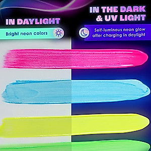 neon nights 2-IN-1 Glow In The Dark Acrylic Paint Set Glows in the Dark & under UV Blacklight - Set of 8 Self-Luminous Neon Paints for Halloween - German Premium Quality - 8 x 20 ml /