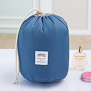 EUOW Travel Cosmetic Bags Barrel Makeup Bag,Women Portable Foldable Cases, Multifunctional Toiletry Bucket Bags Round Organizer Storage Pocket Soft Collapsible(Deepblue)