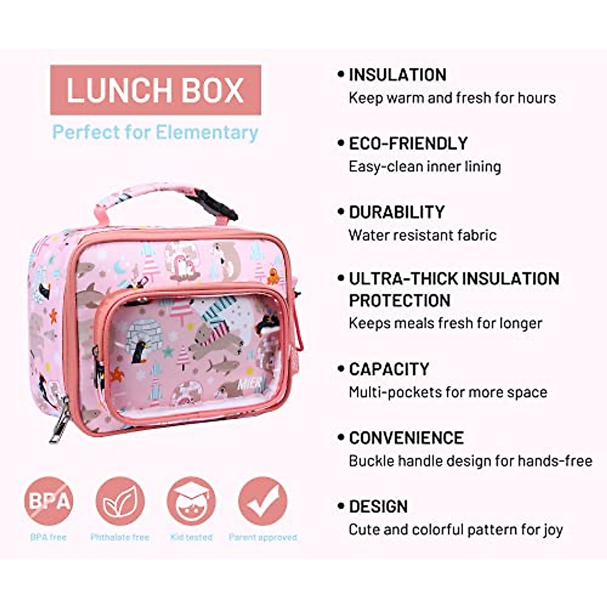 MIER Lunch Bags for Kids Boys Girls Toddlers Cute Insulated Lunch Box Tote School Lunchbox Kit with External Water Bottle Holder/Clear Zipper Pocket (Pink-Marine Animals)