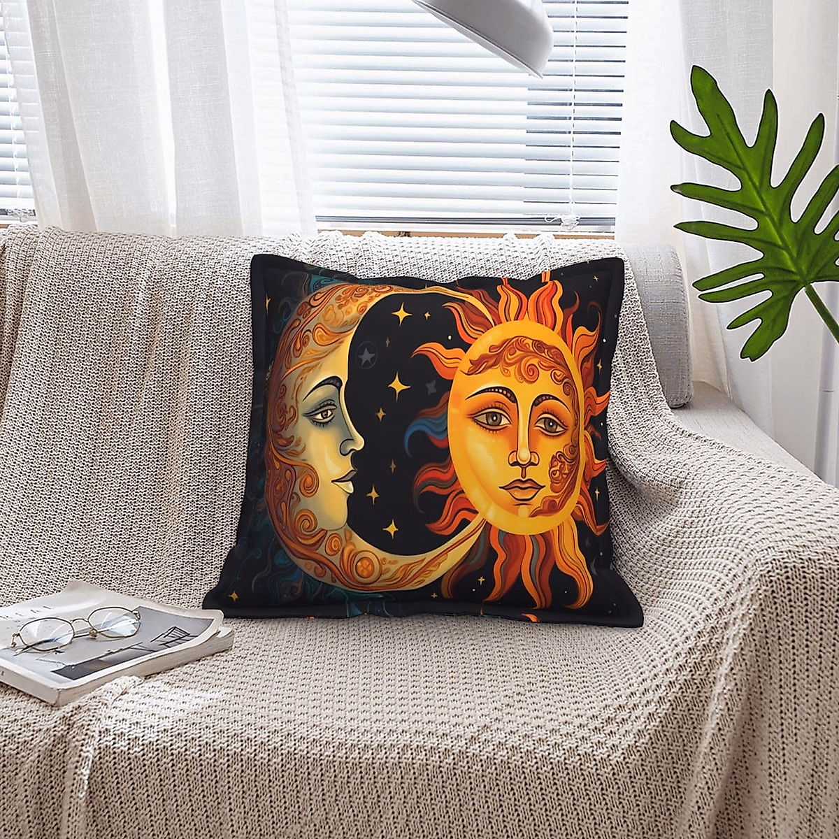 deaokluy 18"x18" Sun Moon and Stars Square Leather Throw Pillow Covers Decorative Holiday Pillow Case for Home Bedroom Couch Sofa Decoration