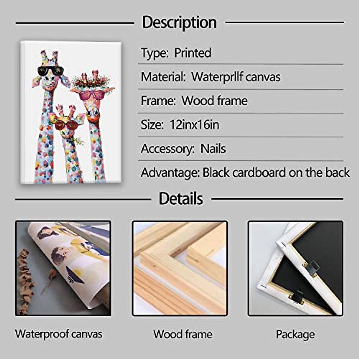 Giraffe Family Canvas Wall Art Animal Poster Prints Picture With Frame for Living Room Bedroom Nursery Office Kids Room Decor Gifts for Boy Girl and Babies(Lovely Giraffe, 16inchx12inch)