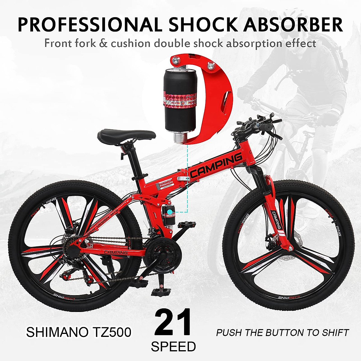 Ktaxon Foldable Mountain Bike 26 Inch Bike 21-Speed Bikes for Adults with Cool Design, Powerful Mechanical Dual Disc Brakes, Double Shock Effect and Ergonomic Cushion (Red)