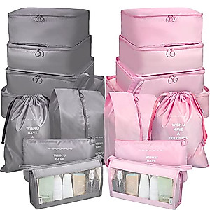 16 Set Packing Cubes Luggage Organizer Bags Travel Suitcases Organizers Luggage Cubes with Toiletry Bag and Shoes Bag (Pink, Gray)