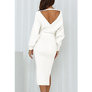 Pink Queen Womens V Neck Sweater Wrap Dresses Batwing Sleeve Elegant Holiday Bodycon Slit Maxi Knit Dress Belted White L