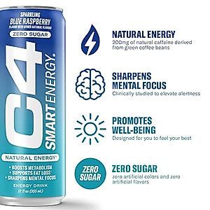 C4 Smart Energy Drink – Boost Focus and Energy with Zero Sugar, Natural Energy, and Nootropics - 200mg Caffeine - Blue Raspberry (12oz Pack of 12)