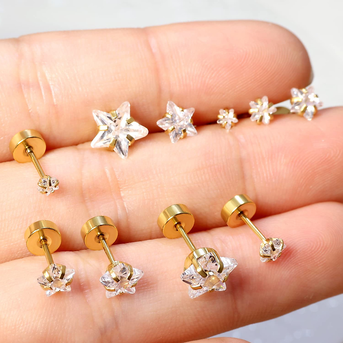 DAILI 5 Pairs Cubic Zirconia Earrings Studs: Gold Flat Back Stud Earrings for Women Hypoallergenic Surgical Stainless Steel Star CZ Stud Earrings for Helix Cartilage 3-8mm
