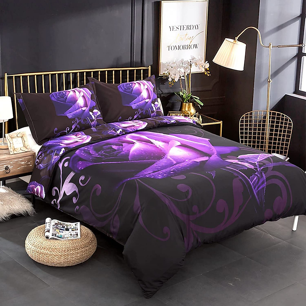 WONGS BEDDING Duvet Cover Set King, 3 Pieces Valentine's Day Bedding Set with 2 Pillowcases, Purple Rose Gifts for Gril Duvet Cover King 90"x104"