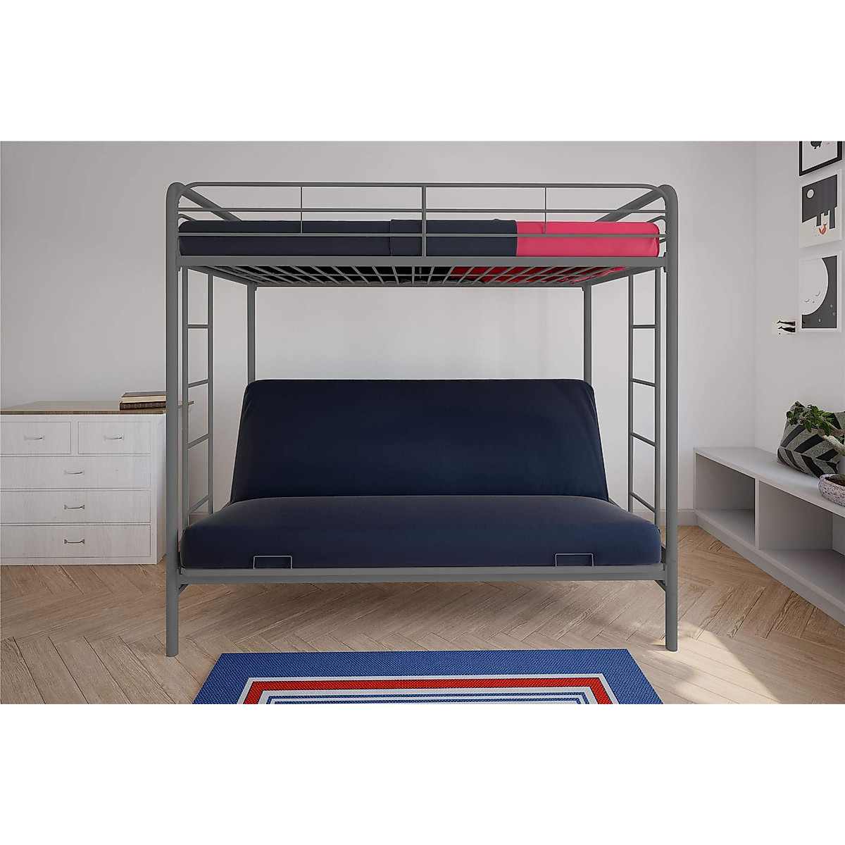 DHP Sammie Twin over Futon Metal Bunk Bed, Silver