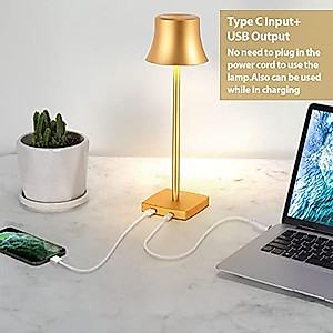 LED Desk Lamp Cordless Table Light, Rechargeable Battery Powered USB Charging Port 3 Levels Brightness Dimmable for Outdoor Modern Restaurant Dining Bedroom Study Portable Lights Set of 2 Pack Gold