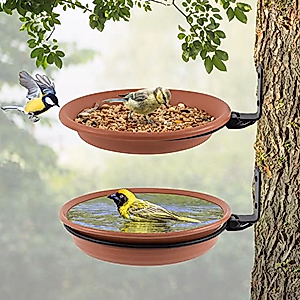 2 Bird Trays Tree Mounted for Bird Feeder Bird Bath Bowl, Installed on Wooden Fence Wall Tree Deck Stakes with Heavy Duty Iron Ring, 8.3'' in Dia of Different Depths