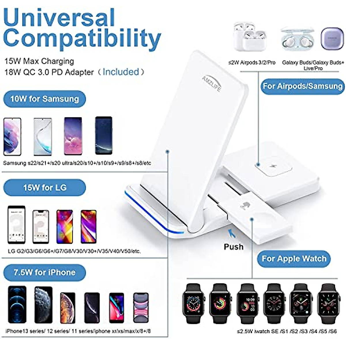 Wireless Charger 3 in 1 Wireless Charging Station Qi Fast Charger Stand for iPhone 13/12/11/Pro/Max/XR/XS/XS Max/X /8/8 Plus, Apple Watch, Airpods 2/Pro, Samsung Galaxy Phone with 18W Adapter, White