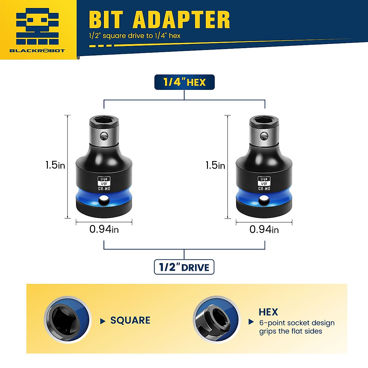 BLACKROBOT 2PCS Impact Bit Holders 1/2 Inch Square Drive to 1/4 Inch Hex Socket Adapter for Impact Wrench