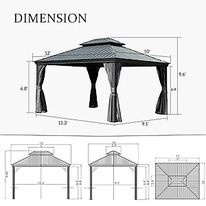 Domi 10'x12' Hardtop Gazebo Canopy,Outdoor Aluminum Gazebo with Galvanized Steel Double Roof,Curtain and Netting Included,Grey