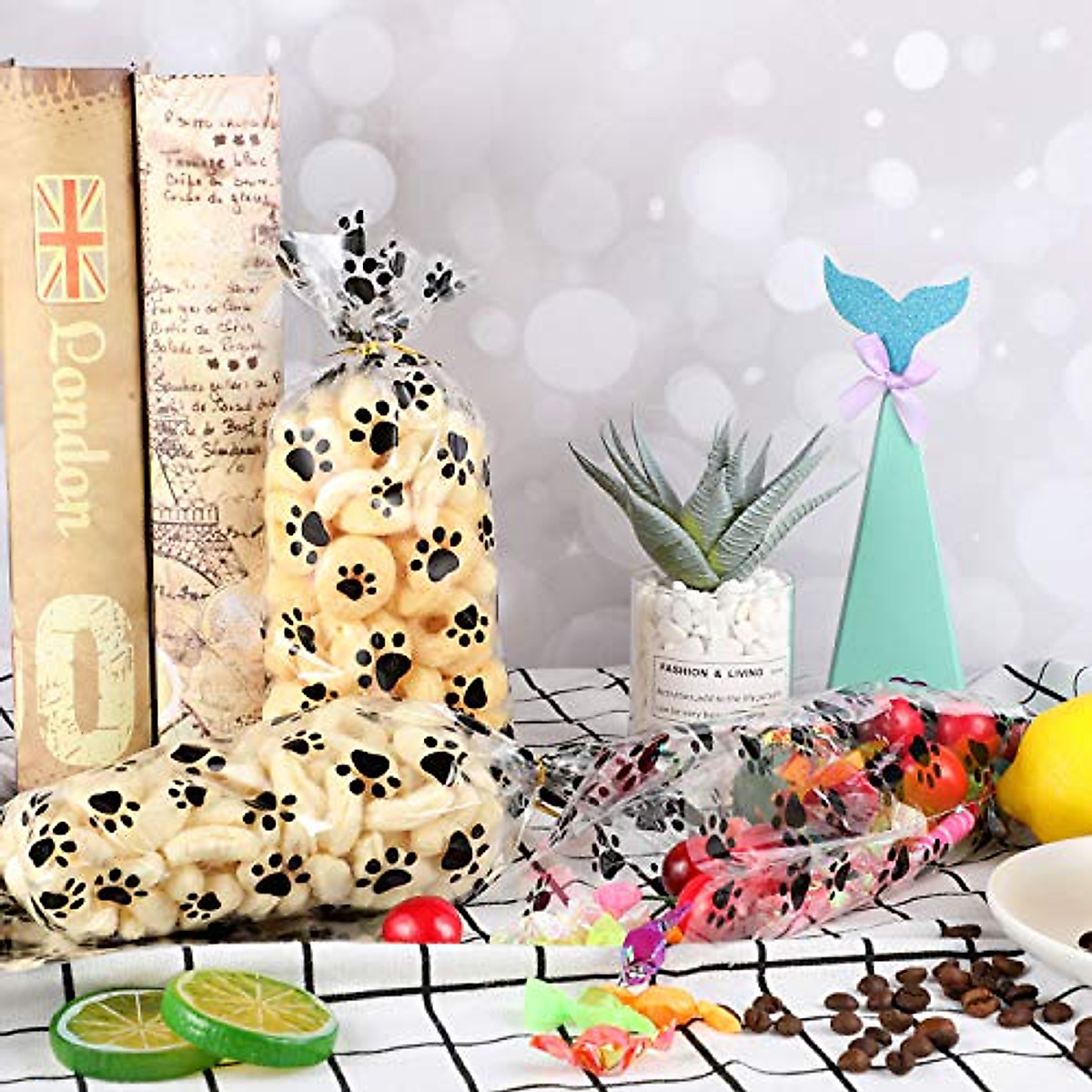 150 Pieces Clear Treat Bags Paw Print Cellophane Bags Pet Gift Bags with 150 Pieces Twist Ties for Party Supplies (Black)