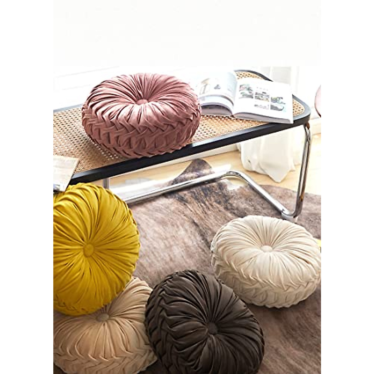 YunNasi Round Throw Pillow Velvet Pleated Filled Cushion Floor Pillow for Home Sofa Chair Bed Car Decor 13 inch (Black)