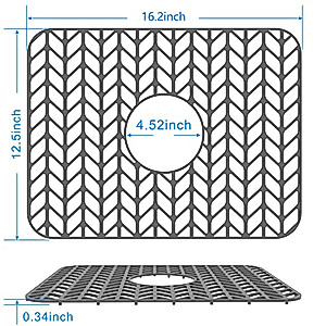 Silicone sink mat protectors for Kitchen 16.4''x 12.5''.JIUBAR Kitchen Sink Protector Grid for Farmhouse Stainless Steel accessory with Center Drain.(Grey)