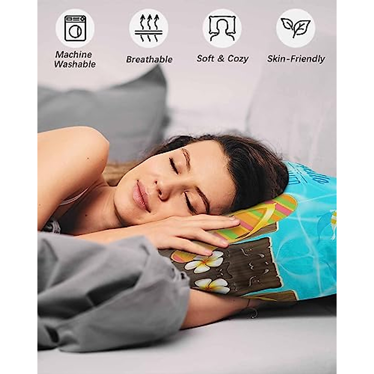 Edwiinsa Hello Summer Pillow Covers King Standard Set of 2 20x36 Bed Pillow, Tropical Ocean Starfish Slippers Spring Floral Plush Soft Comfort for Hair/Skin Cooling Pillowcases with Envelop Closure