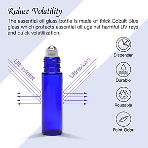 ULG Essential Oil Roller Bottles 48 Pack 10ml Cobalt Blue Glass Empty Bottles with Stainless Steel Roller Balls (10 Extra Roller Balls, 4 Openers, 4 Droppers, 48 Waterproof Labels)