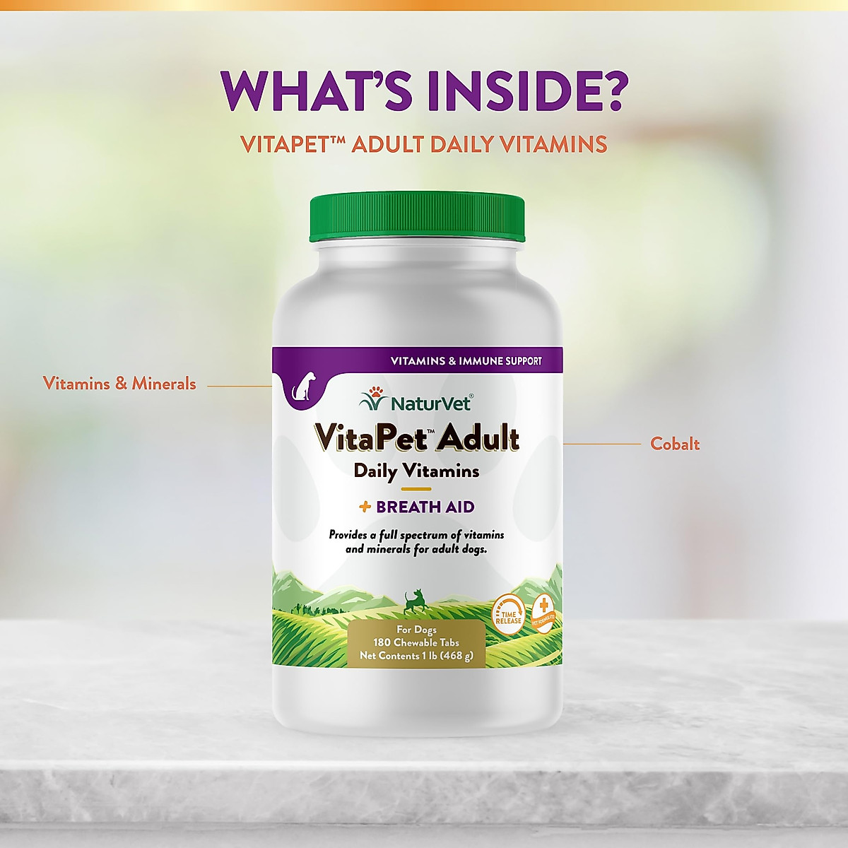 NaturVet - VitaPet Adult Daily Vitamins for Dogs - Plus Breath Aid - Provides a Full Spectrum of Vitamins & Minerals - Enhanced with Omega-6 Fatty Acids (180 Time Release Chewable Tablet