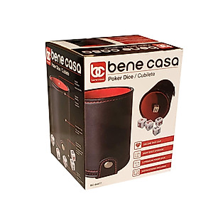 Bene Casa - Black Leather Dice Cup with Red Felt Interior Includes Reinforced Bottom and Snap-on Cup Lid - Comes with Set of 5 6-Sided Dice