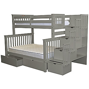 Bedz King Stairway Bunk Beds Twin over Full with 4 Drawers in the Steps and 2 Under Bed Drawers, Gray