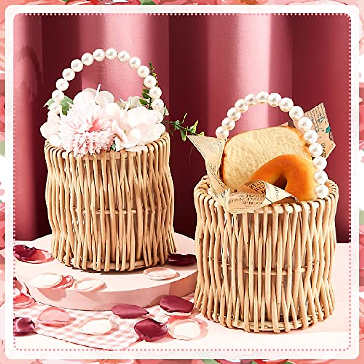Set of 2 Wicker Wedding Flower Girl Baskets Pearl Wicker Rattan Flower Basket Handwoven Easter Basket Wicker Basket with Handle Straw Beach Bags Purse Wicker Tote for Candy Garden Home, 5.9 x 5.5 Inch