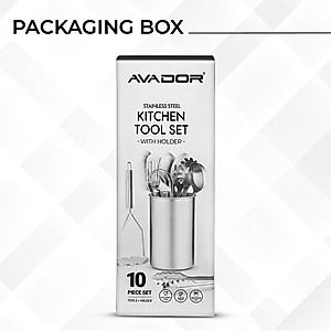 Avador® Premium Set of 10 Stainless Steel Kitchen Tool Set with Holder Easy To Clean, Space Saving, Great for Cooking, Baking, Prepping