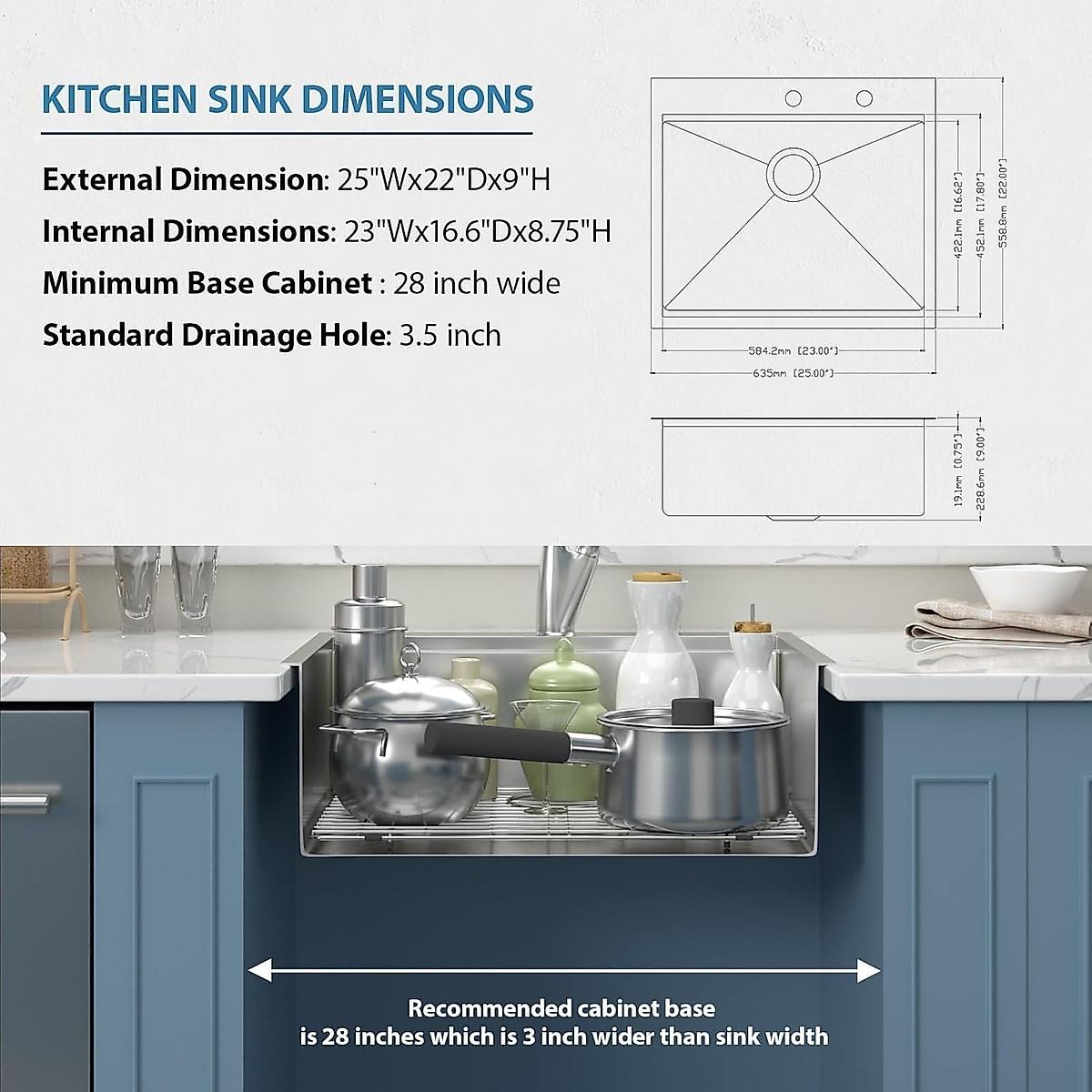 25 Inch Drop-In Kitchen Sink - GhomeG 25x22 Inch 16 Gauge Stainless Steel Topmount Deep Single Bowl Bar Sink with R10 Round Corners