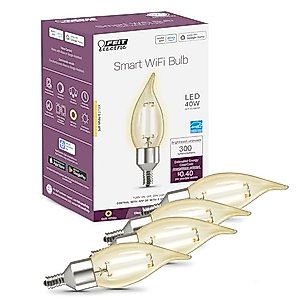 Feit Electric Smart LED Candle Wifi Bulb, Works with Alexa or Google Assistant, E12 base, No Hub, Flame Tip Filament Chandelier Light Bulb, 2700K Soft White, 4 Pack CFC40/927CA/FIL/AG/4