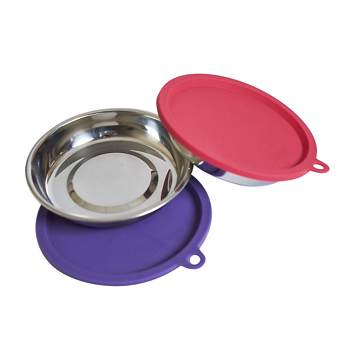 Messy Cats 4pc Set with Two Stainless Saucer Shaped Bowls and Two Silicone Lids, 1.75 Cups Per Bowl, Watermelon and Purple Lids
