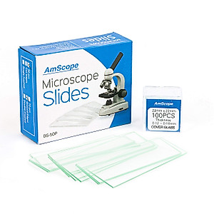 AmScope BS-50P-100S-22 Pre-Cleaned Blank Ground Edge Glass Microscope Slides and 100pc Pre-Cleaned Square Glass Cover Slips Coverslips