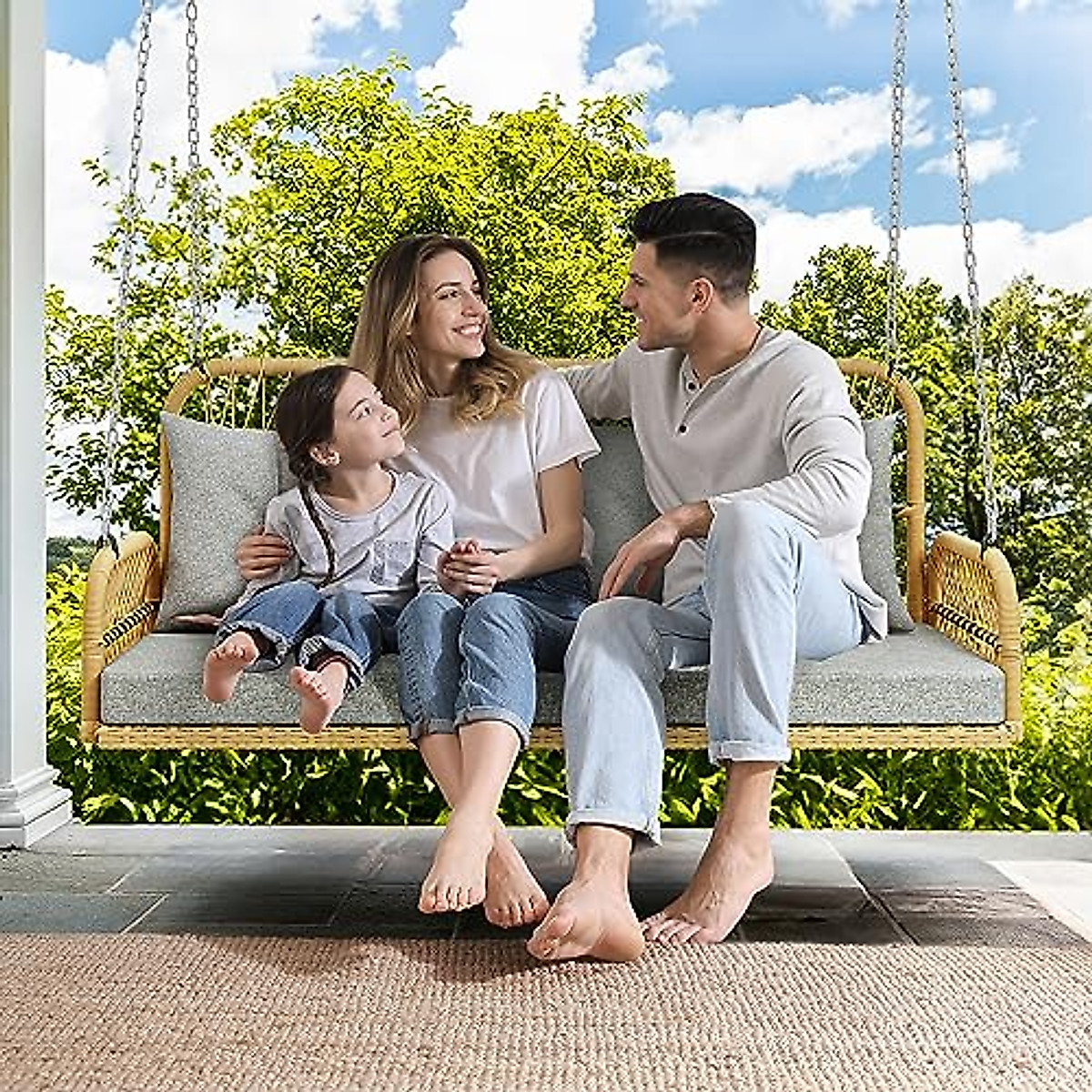YITAHOME Hanging Porch Swing Rattan Patio Swing Lounge Swing Chair Hammock Chair Cushions 550lbs for Garden, Patio, Balcony, Living Room, Gray