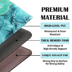 BLEUM CADE 2 PCS Kitchen Rugs and Mats Teal Marble Kitchen Mats for Floor Anti Fatigue PVC Waterproof Leather Runner Rug Non Slip Cushioned Standing Mat for Sink Laundry 17.3''x30''+17.3''x47''