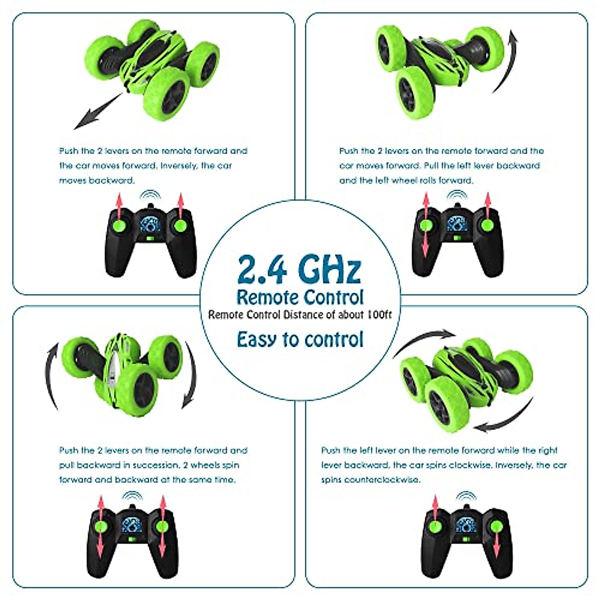 2-in-1 Remote Control Car, Rechargeable Remote Control Crawler for Kids Age 3 Years and up, Changeable Wheels, Double-side 360° Flips, LED Headlights, Fast Stunt Toy Race Cars for Toddlers-Green