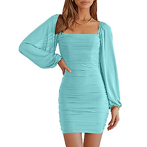 ANRABESS Women Long Sleeve Square Neck Mesh Ruched Bodycon Mini Dress Party Club Cocktail Formal Wedding Guest Short Dresses Blue Large