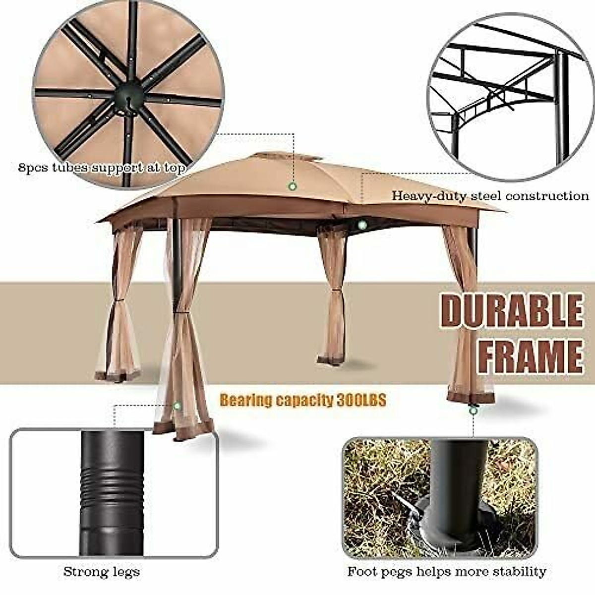 BBQ Gazebo Canopy 10x12 Gazebo for Patio, Double Vent Canopy 10 x 12 ft Straight Leg(Khaki) Grill Gazebo Shelter for Patio, Garden