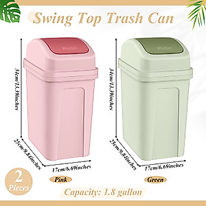 Sumind 2 Pcs Bathroom Trash Can with Swing Lid Small Garbage Can Plastic Bathroom Trashcan Garbage Bin for Kitchen Waste Bedroom Room Outdoor (Green and Pink,1.8 Gallon)