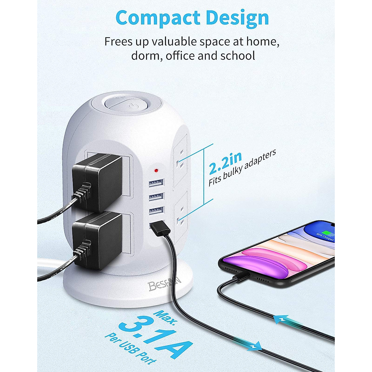 Surge Protection Power Strip Tower, BESFAN 10 FT Extension Cord with 8 AC Outlets and 4 USB Ports, Indoor Extension Cord with Overload Protection