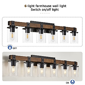 DUJAHMLAND 6-Light Wood Vanity Light,40.5 inch Farmhouse Bathroom Metal Wall Sconce with Cylinder Clear Glass Shade,Industrial Wall Light Fixtures for Hallway,Kitchen,Bedroom(Wood, 6-Light)