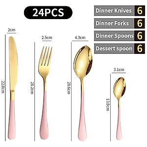 24 Pieces Flatware Set, Caliamary Stainless Steel Flatware Set with Silverware Holder Spoons Forks Knives,Utensils Set Service for 6,Gold Mirror Polished and Matte Pink Painted (Pink)…