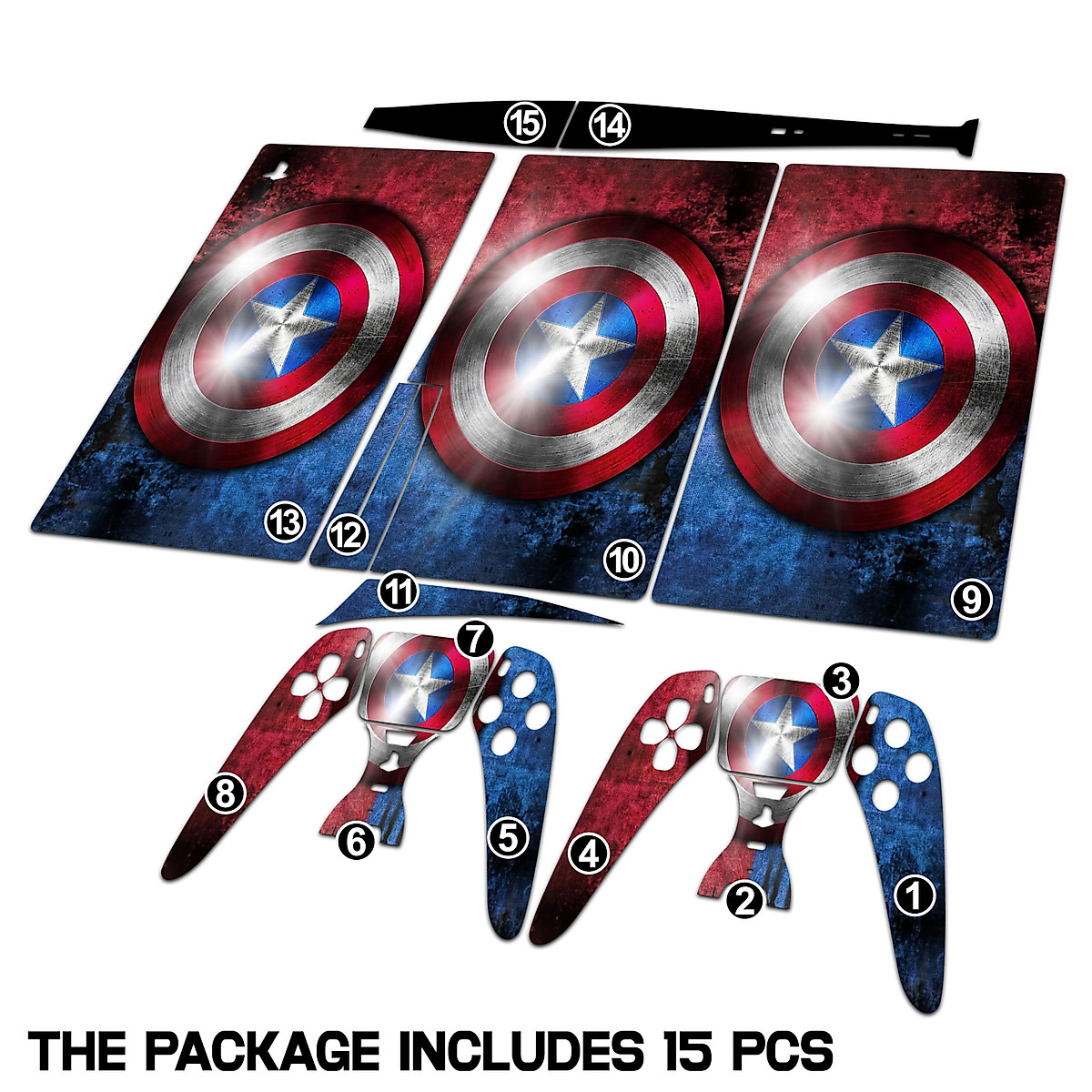 HK Studio Captain Shield Decal Sticker Skin Specific Cover for Both PS5 Disc Edition and Digital Edition - Waterproof, No Bubble, Including 2 Controller Skins and Console Skin