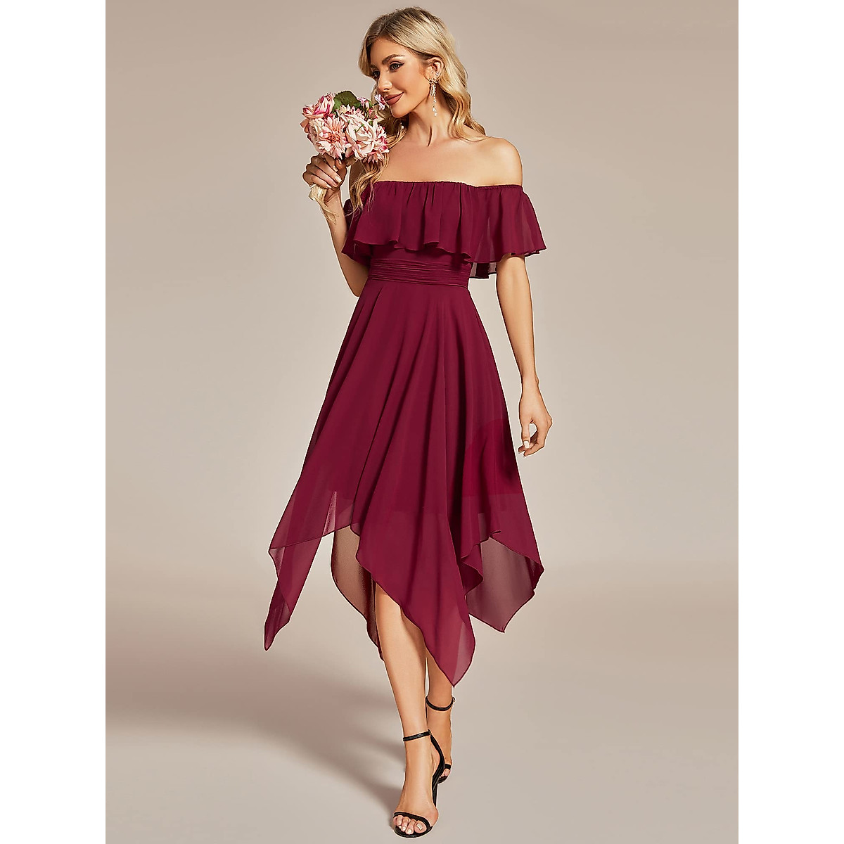 Ever-Pretty Women's Elegant Off The Shoulder Asymmetric Hem Chiffon Midi Spring Dresses for Women Burgundy US12
