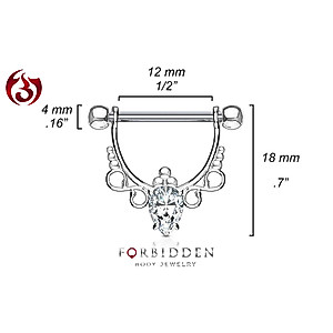 Forbidden Body Jewelry Pair of Surgical Steel 1/2 Inch D-Ring Style Fancy CZ Chandelier Dangle Nipple Barbells, Silver Tone
