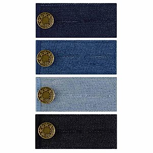 4 Pieces Denim Waist Extenders Button for Pants Jeans Trousers Skirt Adjustable Waistband Extender with Metal Button for Women Men Black Blue Dark Blue Light Blue Button Extender Set (Assorted Colors)