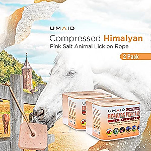 UMAID Compressed Pink Himalayan Salt Lick, [2 Pack] – 5.5 Lb. 100% Natural Himalayan Salt Block with Hanging Rope Helps Replace Lost Electrolytes for Deer, Horse, Cow, Goat, Pigs, Wild Animals & Pets